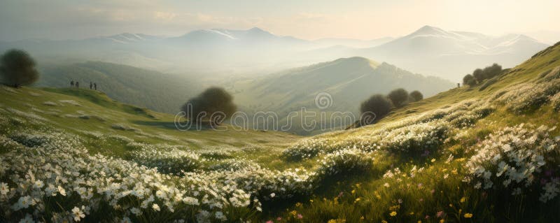 Beautiful Panoramic Landscape of a Green Hills with Spring Flowers - AI Generated Stock ...