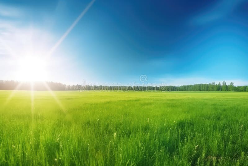 Beautiful Panoramic Natural Landscape of a Green Field with Sun Shining ...
