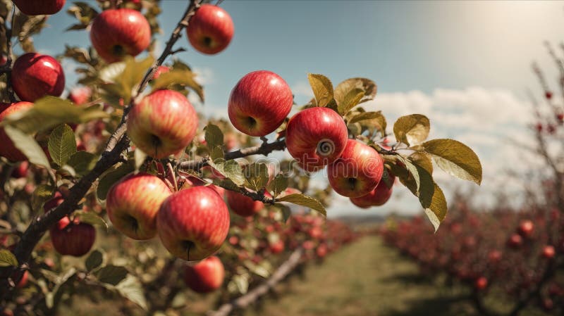 Beautiful Panoramic Scenery with Red Apples on Branches on a Sunny Day ...