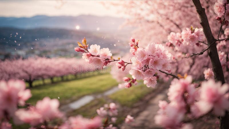 Beautiful Panoramic Spring Scenery with Cherry Blossom and Bokeh ...
