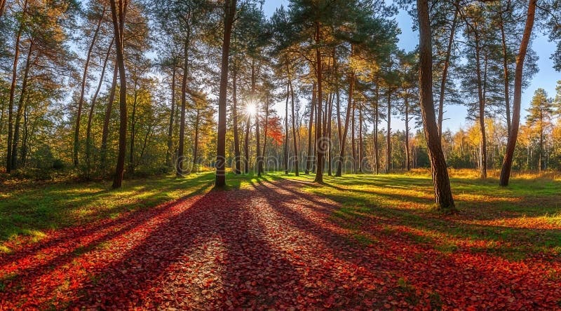 Panoramic Autumn Forest with Sunlight and Pathway through Colorful ...