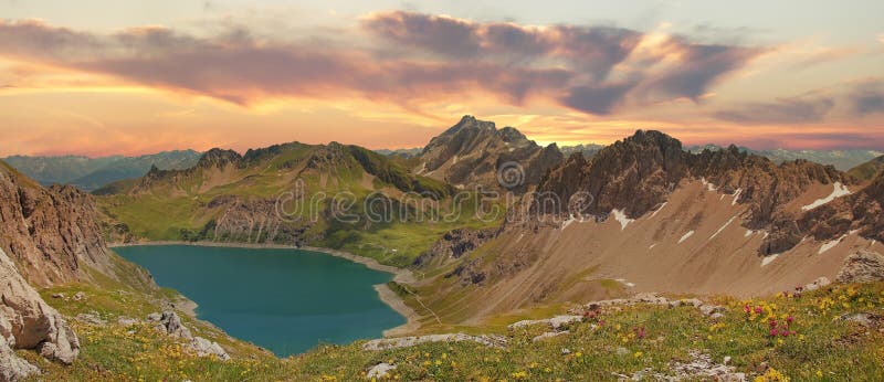 Beautiful Panoramic View To Lunersee and Austrian Alps at Sunset Stock ...