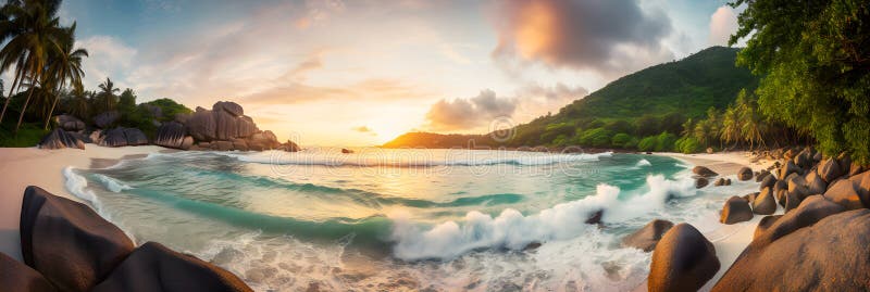 Beautiful Panoramic View from a Tropical Beach in a Sunset, Illustrator ...