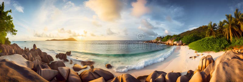 Beautiful Panoramic View of a Tropical Beach at Sunset, Illustrator Ai ...