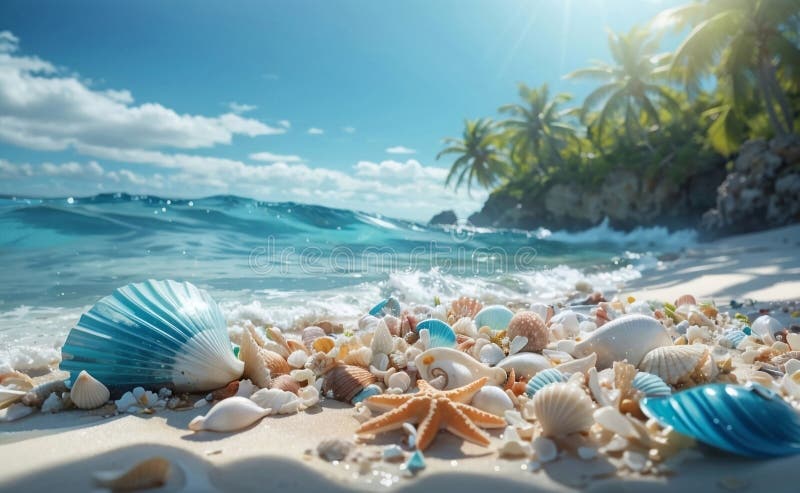 A Beautiful Paradise Beach Scene with Shells Stock Illustration ...