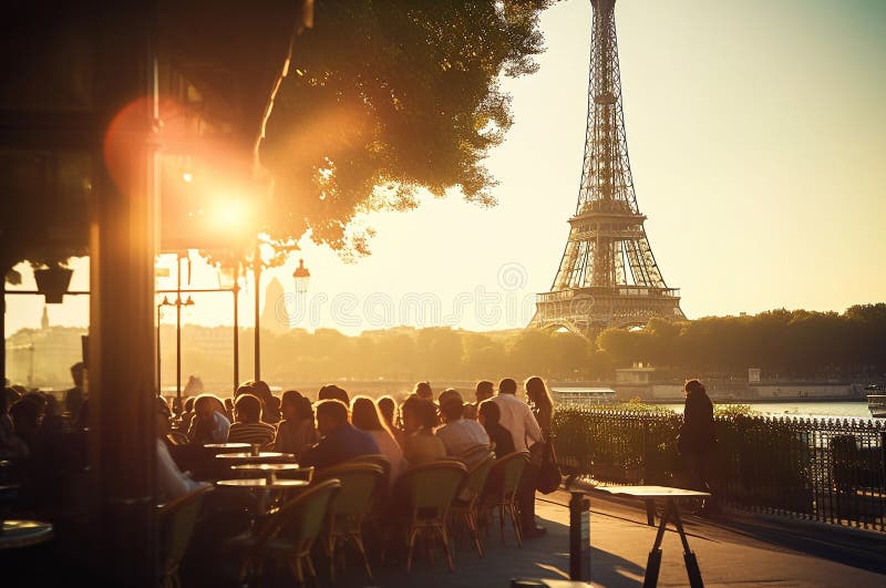 Beautiful Paris Cafe in Sunset, EIffel Tower on Background. Generative ...