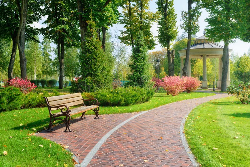 Beautiful park with bench stock image. Image of background - 49088401