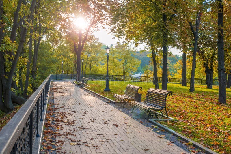 Beautiful Park with Bench and Vintage City Light Stock Image - Image of ...