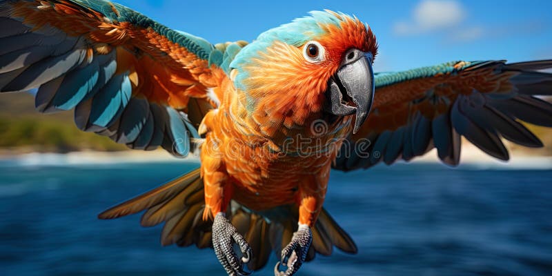 Beautiful Parrot in Flight, in Front of the Horizon of the Blue Ocean ...
