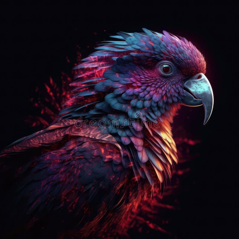 Beautiful Parrot in Red Purple Fire on Black Background. Generative AI ...