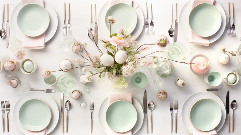 Beautiful Pastel Table Setting with Eggs and Spring Flowers for Easter ...