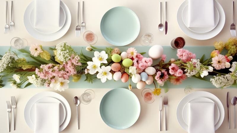 Beautiful Pastel Table Setting with Eggs and Spring Flowers for Easter ...