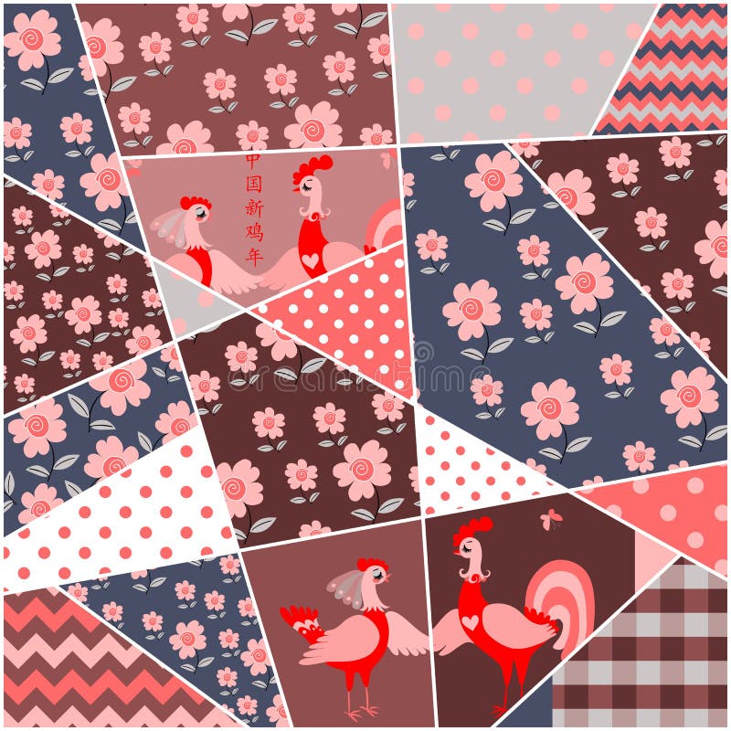 Beautiful Patchwork Pattern with Flowers, Rooster and Hen. Cute Quilt ...