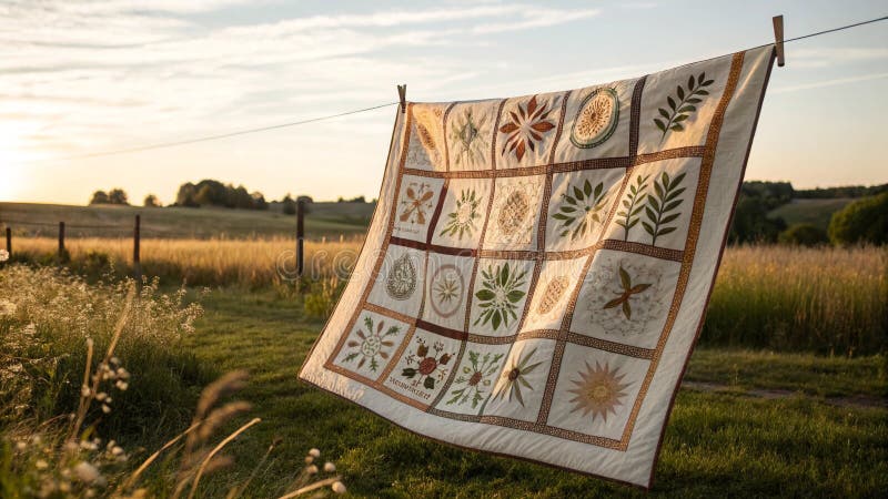 Beautiful Patchwork Quilt Hangs To Dry in an Open Field during a Warm ...