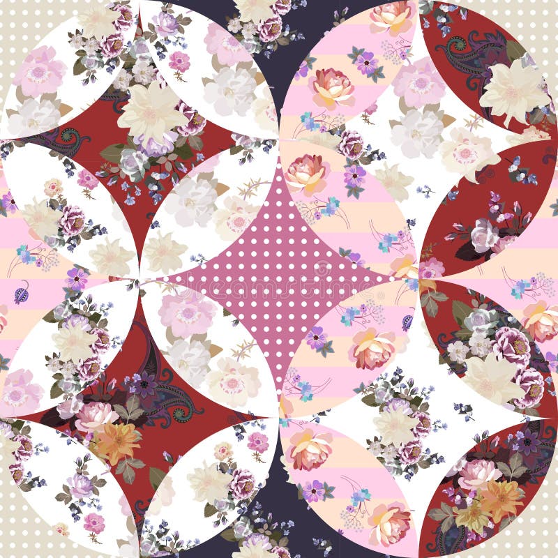 Beautiful Patchwork Pattern with Cosmos, Rose, Daisy and Bell Flowers ...