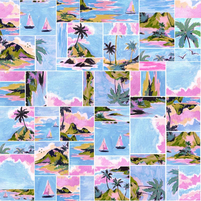 Beautiful Patchwork Tropical Seamless Pattern with Hand Drawn Paradise ...