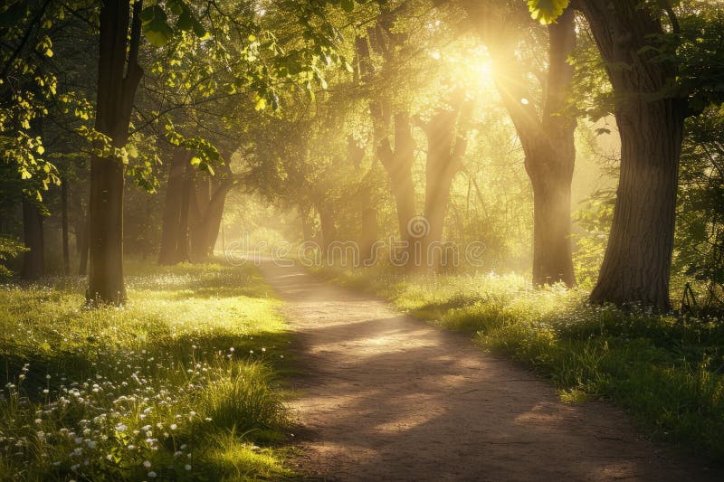 A Beautiful Path through a Forest Bathed in Golden Sunlight Stock ...