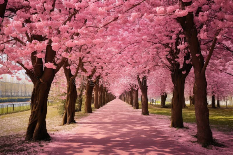 A Beautiful Pathway Lined with Pink Cherry Blossom Trees in Full Bloom ...
