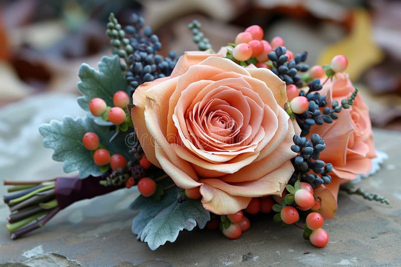 Beautiful Peach Roses and Greenery Arranged Elegantly on Stone Surface ...