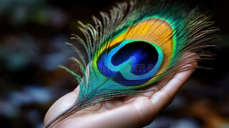 Vibrant Peacock Feather Held Delicately in Hand with Rich Colors ...