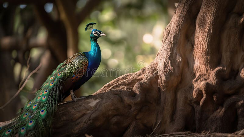 Beautiful Peacock Sitting on a Tree with Open Feathers, Generative Ai ...