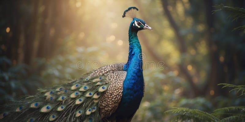Beautiful Peacock in Tranquil Forest Nature Landscape. Stock Image ...