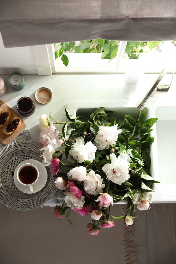 Peonies and Breakfast on Kitchen Counter, Flat Lay Stock Image - Image ...