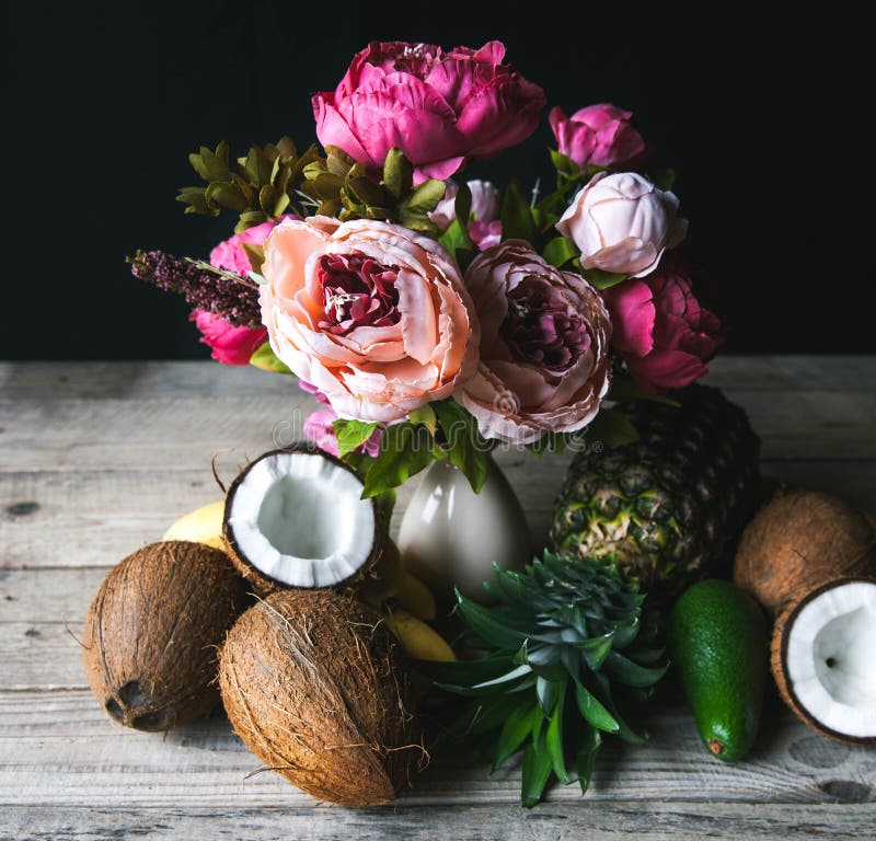 Beautiful Peonies in a Vase with Fruit. Nature, Food Stock Image ...