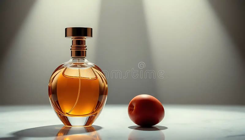 Beautiful Perfume Bottle and a Peach Displayed on a White Surface Stock ...