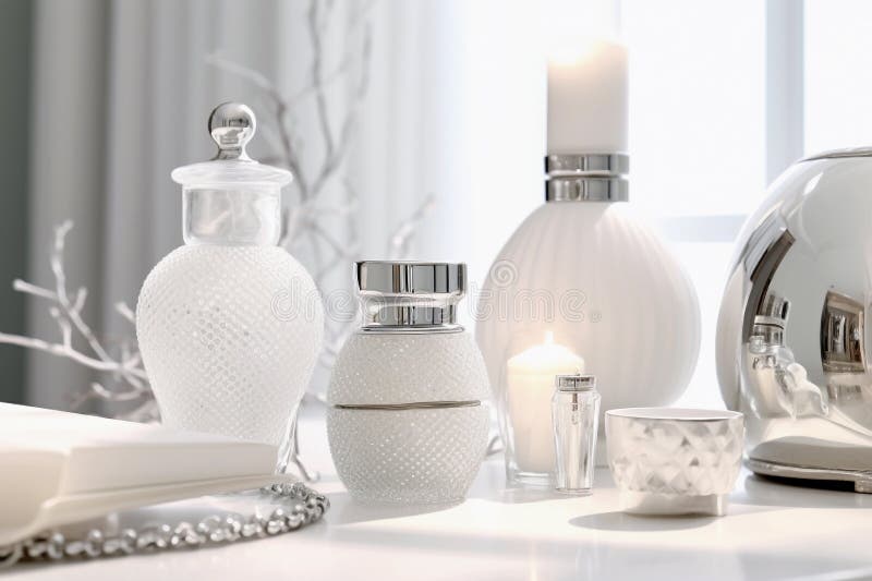 Beautiful Perfume Bottles on Table in Room, Closeup. Space for Text ...