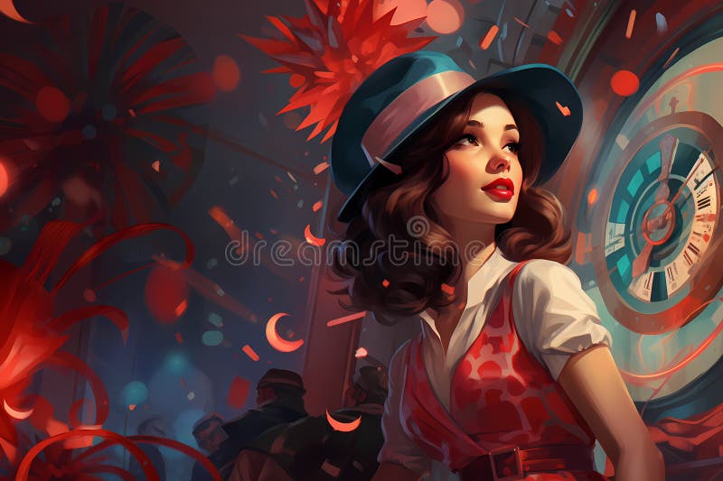 Beautiful Pin Up Girl In Red Dress And Hat Retro Style Stock