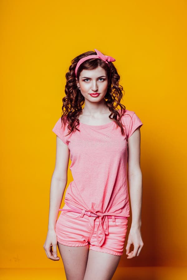 Beautiful Pin Up Woman in Pink Trendy Portrait Stock Image - Image of ...