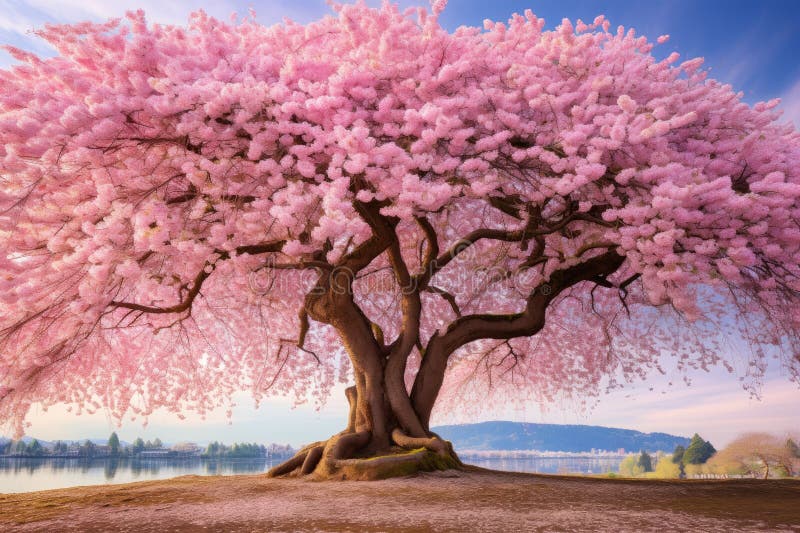 Beautiful Pink Cherry Blossom Tree on the Lake. Spring Landscape, a ...