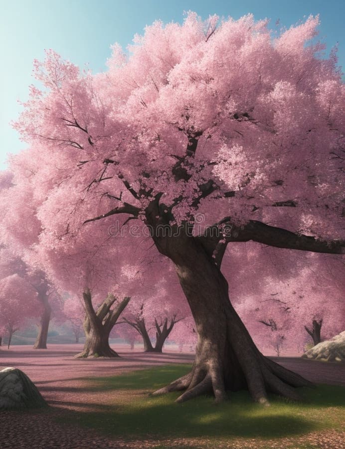 Beautiful Pink Cherry Tree in the Forest. Digital 3D Illustration Stock ...