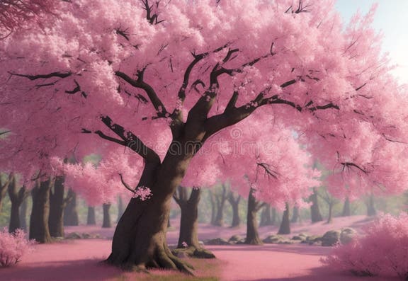 Beautiful Pink Cherry Tree in the Forest. Digital 3D Illustration Stock ...