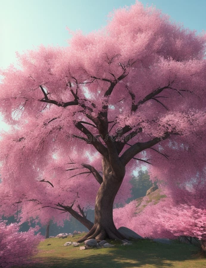 Beautiful Pink Cherry Tree in the Forest. Digital 3D Illustration Stock ...