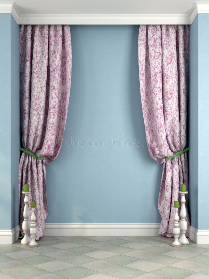 Beautiful Pink Curtains and Candlesticks Against a Blue Wall Stock ...