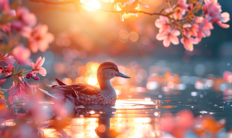 Beautiful Pink Flowers of Sakura and Duck in the Lake in Spring Stock ...