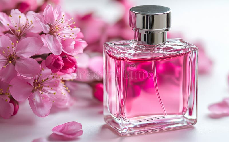 Beautiful Pink Flowers Surround an Elegantly Placed Perfume Bottle ...