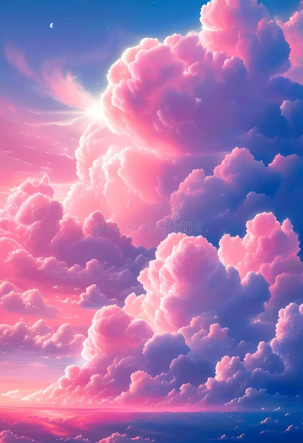 Beautiful Pink Fluffy Clouds in Vibrant Sunset Sky. Visual Display ...