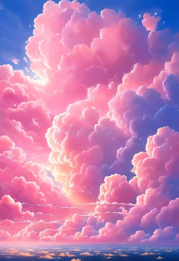 Beautiful Pink Fluffy Clouds in Vibrant Sunset Sky. Visual Display ...