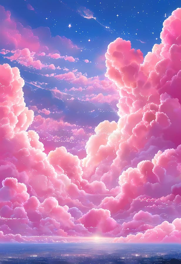 Beautiful Pink Fluffy Clouds in Vibrant Sunset Sky. Visual Display Stock Illustration ...