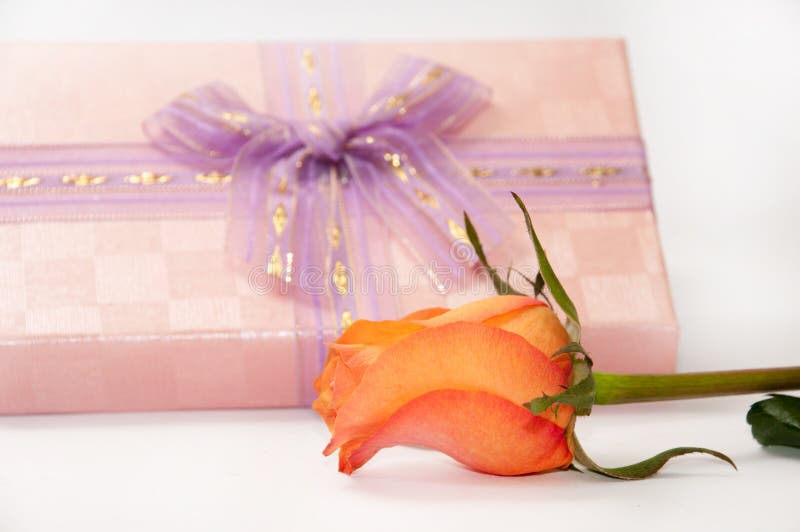 Beautiful Pink Gift Box with Bow and Orange Rose Stock Photo - Image of ...