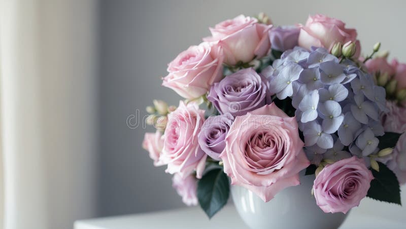 Beautiful Pink and Lavender Rose Bouquet with Hydrangeas Stock Image ...