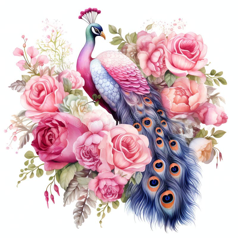 Beautiful Pink Peacock and Peonies Clipart Illustration Stock ...