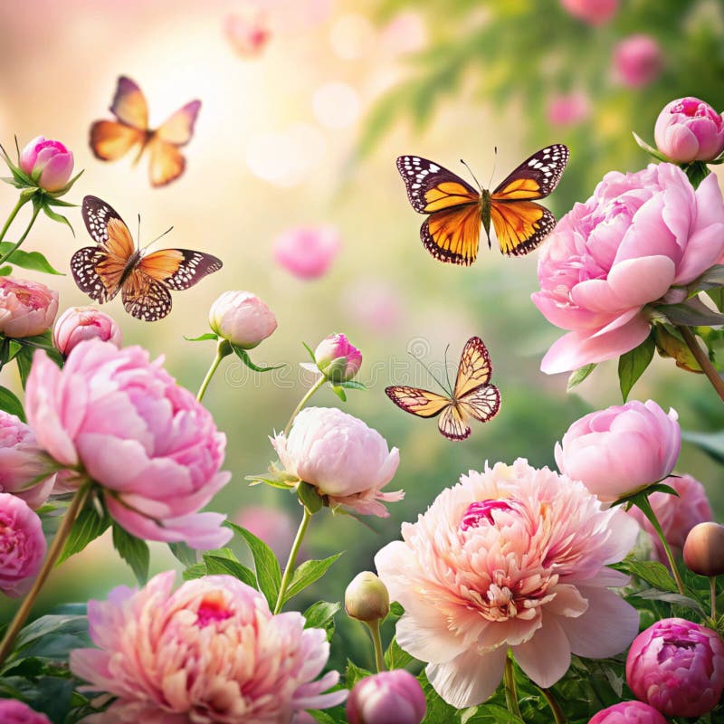 Beautiful Pink Peonies and Butterflies in a Spring Garden Stock Photo ...