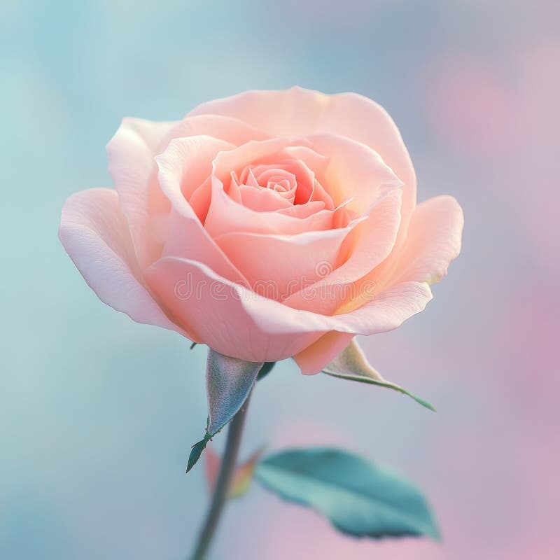 Beautiful Pink Rose on a Blue Background with Bokeh. Stock Illustration ...