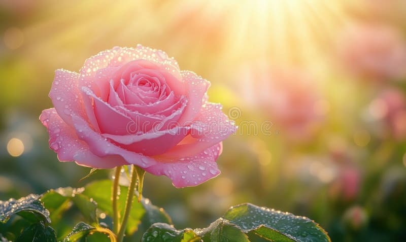 Beautiful Pink Rose with Dew Drops Illuminated by Sunlight in a Garden ...