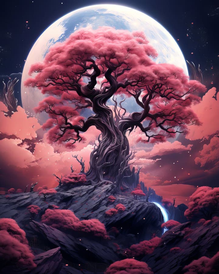 Beautiful Pink Sakura Tree Under the Moon Stock Illustration - Illustration of sakura, scrub ...