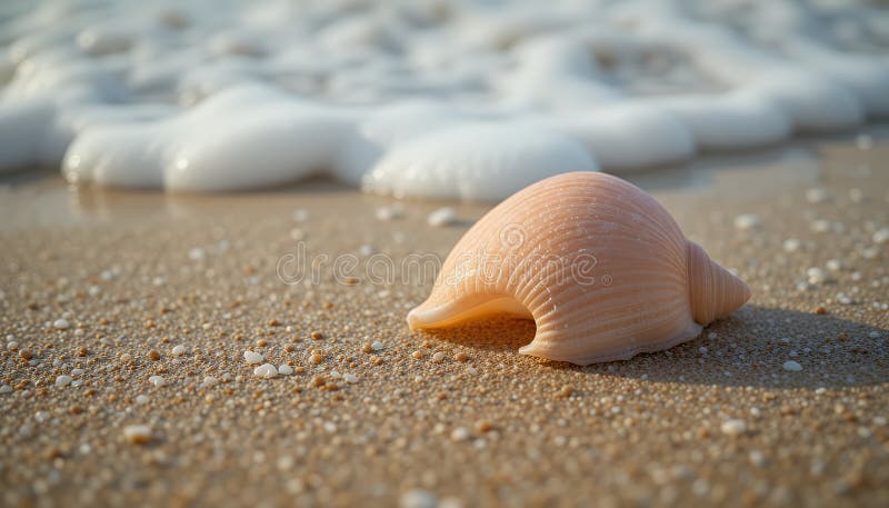 A Beautiful Pink Seashell Resting on Sandy Beach, with Gentle Waves ...